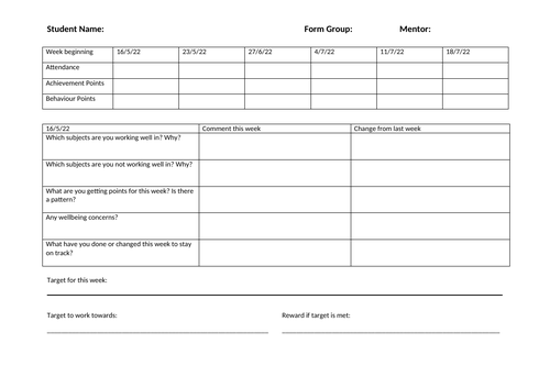 Six week mentoring programme form | Teaching Resources