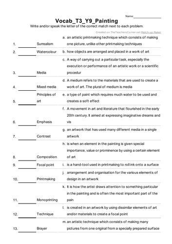 KS3 Art & Design: AFL checklist and vocabulary Term 3 | Teaching Resources
