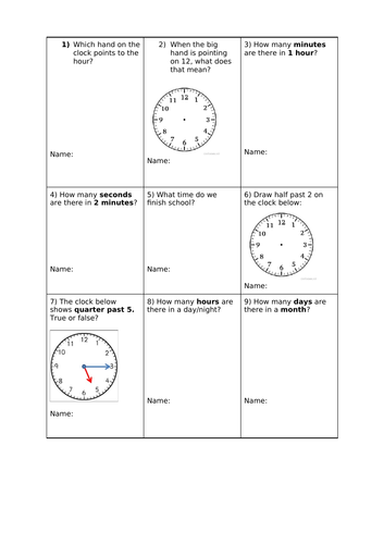 Retrieval activity for telling the time - Year 2 | Teaching Resources