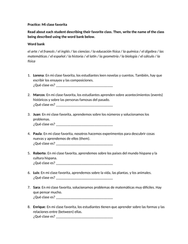 Clase favorita description practice | Teaching Resources