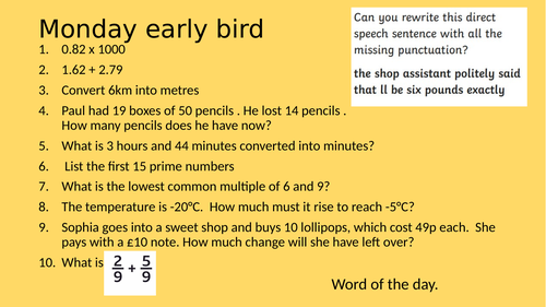 EarlyBirds - A set of 10 maths questions for children to answer in the ...