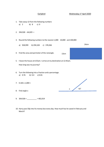 EarlyBirds - A set of 10 maths questions for children to answer in the ...