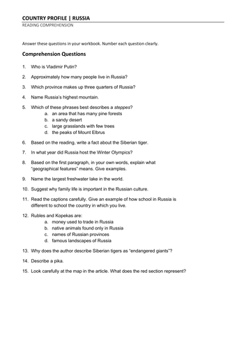 Reading Comprehension Russia Country Facts | Teaching Resources