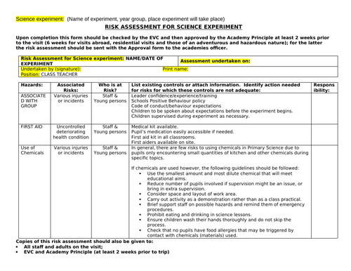 Science experiment risk assessment template | Teaching Resources
