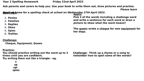 Year 2 Spelling Homework for Summer Term | Teaching Resources