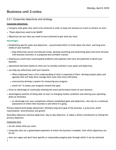 IAL Edexcel Business Unit 3 Notes | Teaching Resources