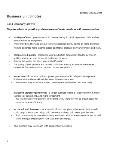 IAL Edexcel Business Unit 3 Notes | Teaching Resources