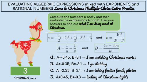Evaluating Algebraic Expressions - Christmas Multiple-Choice Activity ...