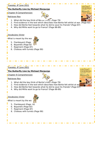 The Butterfly Lion by Michael Morpurgo Chapter 9 Guided Reading ...