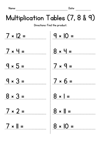 Multiplication Tables of 7, 8, and 9 | Teaching Resources