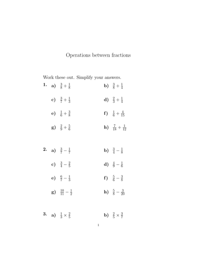 Operations between fractions worksheet (with solutions) | Teaching ...