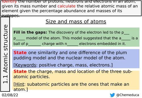 1.1.5 - 6 The size and mass of atoms (AQA GCSE Chemistry) | Teaching ...
