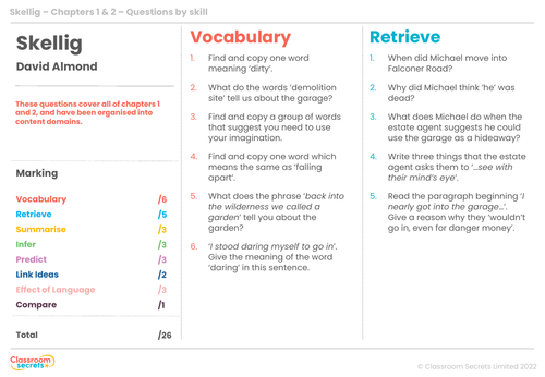 Reading Skills - Skellig - Chapters 1 & 2 | Teaching Resources