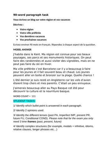 GCSE French Writing resource pack (90-word paragraph task) | Teaching ...