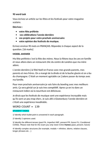 GCSE French Writing resource pack (90-word paragraph task) | Teaching ...