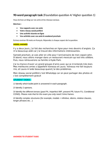GCSE French Writing resource pack (90-word paragraph task) | Teaching ...