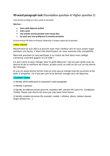 GCSE French Writing resource pack (90-word paragraph task) | Teaching ...