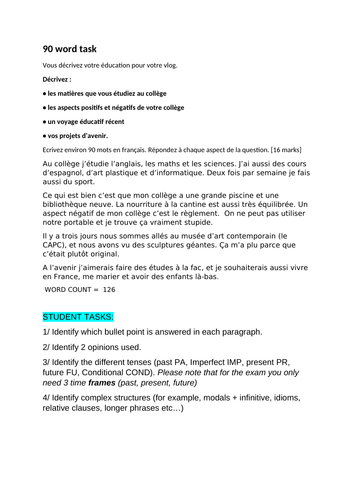 GCSE French Writing resource pack (90-word paragraph task) | Teaching ...