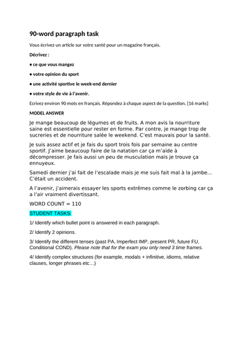 GCSE French Writing resource pack (90-word paragraph task) | Teaching ...
