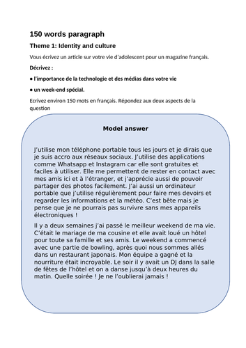 GCSE French Writing resources (150-word paragraph task) | Teaching ...