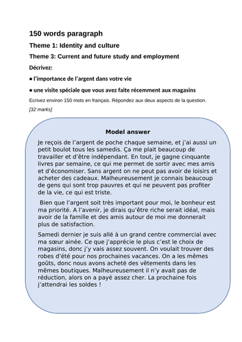 GCSE French Writing resources (150-word paragraph task) | Teaching ...