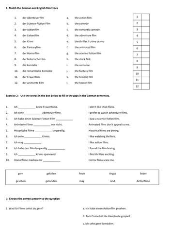 German Films and Cinema Revision Worksheets | Teaching Resources