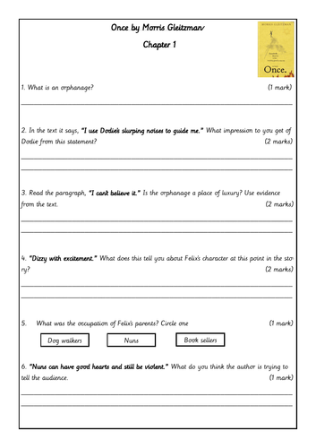 ONCE by Morris Gleitzman Chapter 1 Reading Comprehension YEAR 6 ...