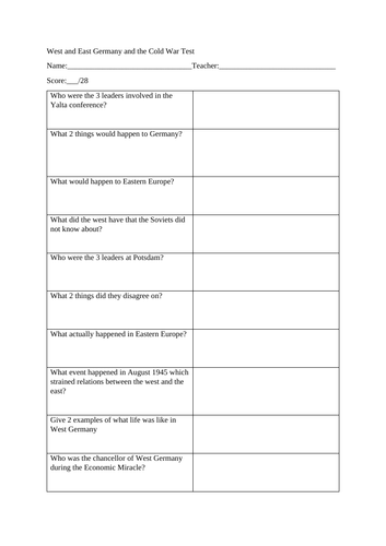 West/East Germany and Cold War Test - GCSE History | Teaching Resources