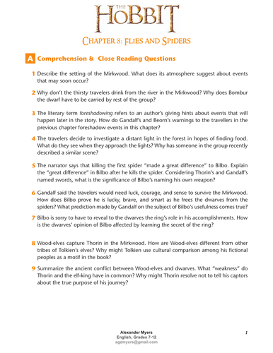 The Hobbit (J. R. R. Tolkien) - Chapter 8 - NO PREP ACTIVITIES, ANSWERS ...