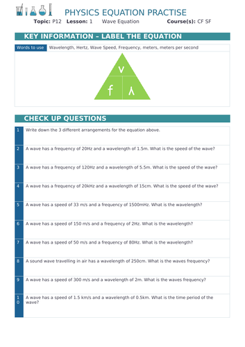 GCSE Physics Equation Practise - wave speed equation | Teaching Resources