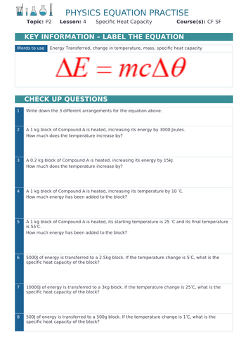 GCSE Physics Equation Practise - Specific Heat Capacity | Teaching ...