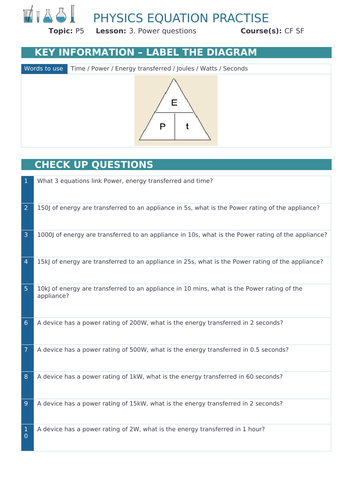 GCSE Physics Equation Practise - P=Et | Teaching Resources