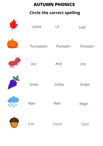 Autumn Spelling Worksheet-EYFS | Teaching Resources
