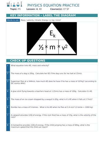 GCSE Physics Equation Practise - Kinetic Energy | Teaching Resources