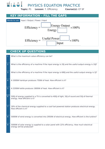 GCSE Physics Equation Practise - Efficiency | Teaching Resources