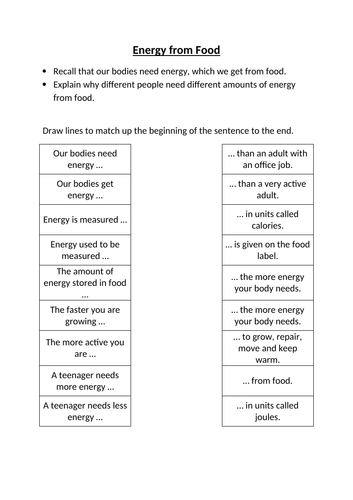 7La - Energy from Food - KS3 - Edexcel | Teaching Resources