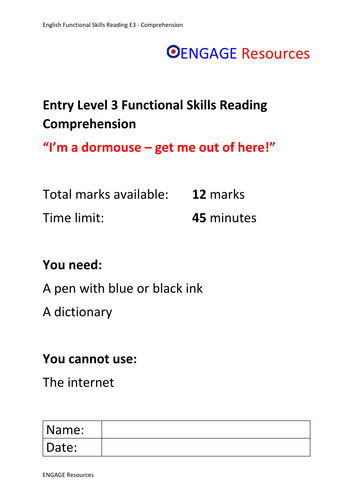 Functional Skills E3 Greedy Dormouse Reading Comprehension | Teaching ...