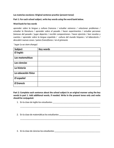 Las materias escolares sentence activity (school subjects) | Teaching ...