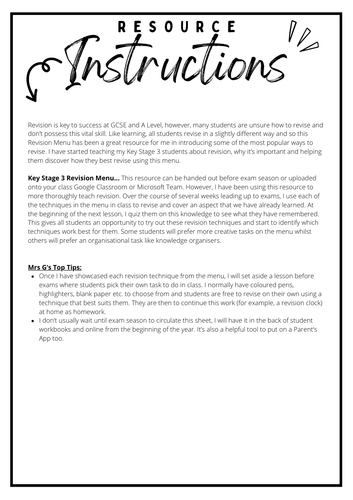 Key Stage 3 Revision Menu | Teaching Resources