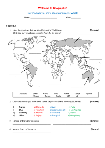 Geography Initial Knowledge and Skills Base Assessment | Teaching Resources