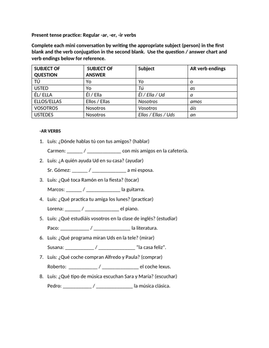 Present tense regular verbs worksheet mini conversations | Teaching ...