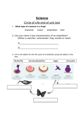Life Cycles - End of Unit Test - Year 5 Science | Teaching Resources