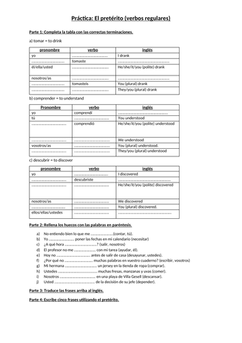 El pretérito (Simple Past) - VERBOS REGULARES | Teaching Resources