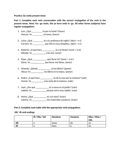 Go verbs practice mini conversations and conjugation | Teaching Resources