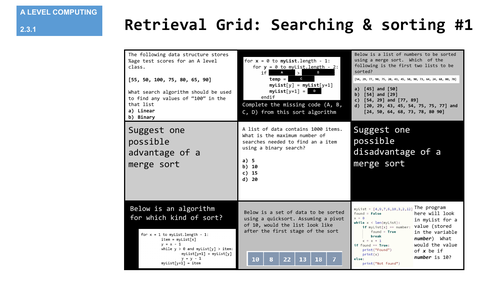 A Level Computing Retrieval Grid: SEARCHING & SORTING | Teaching Resources