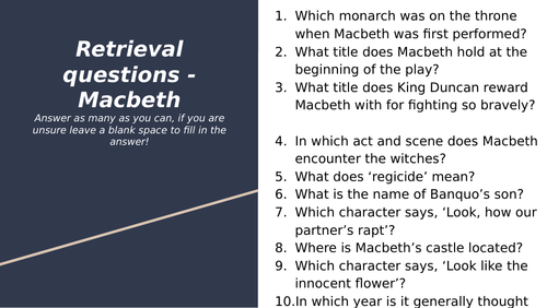 MACBETH RETRIEVAL/STARTERS | Teaching Resources
