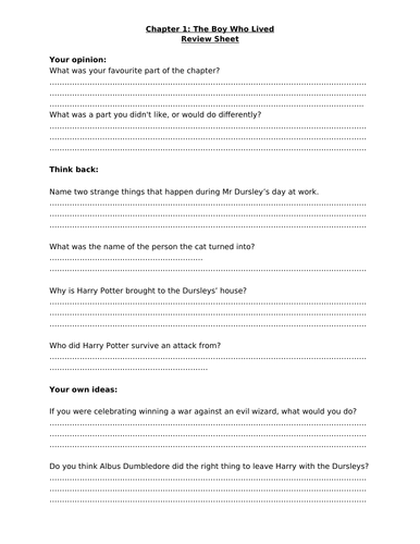 Harry Potter and the Philosopher's Stone Reading Comprehension Sheet ...