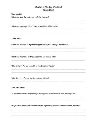 Harry Potter and the Philosopher's Stone Reading Comprehension Sheet ...