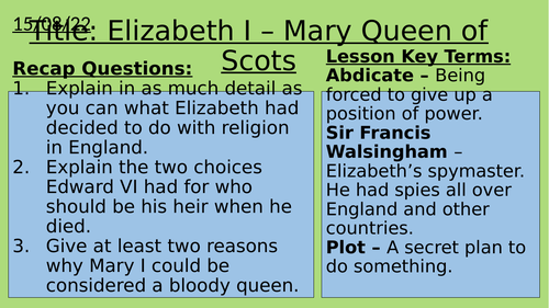 Tudors - Elizabeth & Mary Queen of Scots - Ks3 | Teaching Resources