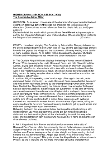 Higher Drama - Crucible Essay Example (A Grade) | Teaching Resources